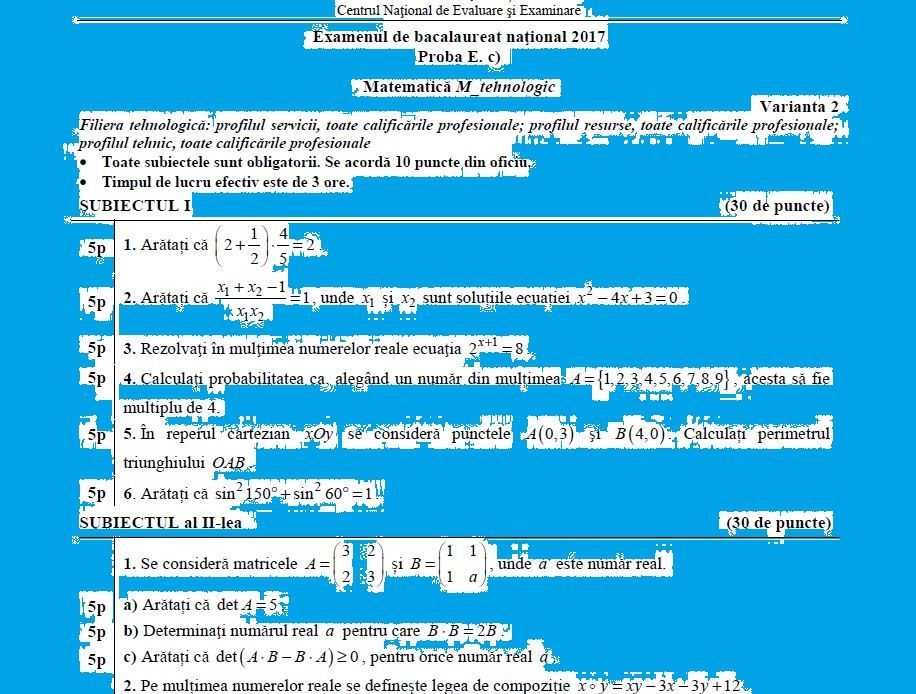 BAC 2017. Matematica - cele patru subiecte şi baremele de notare - MyTex.ro